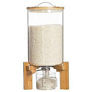 HBlife Glass Rice Dispenser with Wooden Stand Flour and Cereal Container with Glass Measuring Cup Pantry Food Organization Storage Bin with Airtight Bamboo Lid, 8L