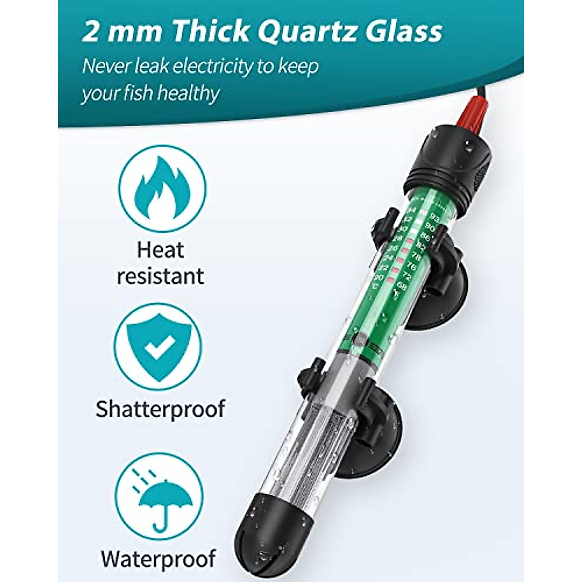 Uniclife Aquarium Heater 25W/50W/100W/200W Adjustable Submersible Heating Rod with Electronic Thermostat LED Indicator Light and Thermometer Sticker for Freshwater Marine Fish Tanks