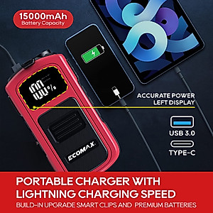 ECOMAX ECA80 Jump Starter, Car Battery Jump Starter, 1500A Peak 15000mAh Portable Car Jump Starter Battery Pack (7L Gas/5L Diesel) with USB/Type-C Quick Charging, LCD Display and LED Light