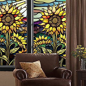 CREATIVE HOBBIES Window Privacy Film Sunflower Window Clings Stained Glass Window Film 78.7" x 17.3" Frosted Glass Window Decor Bathroom Window Coverings Static Cling Non-Adhesive