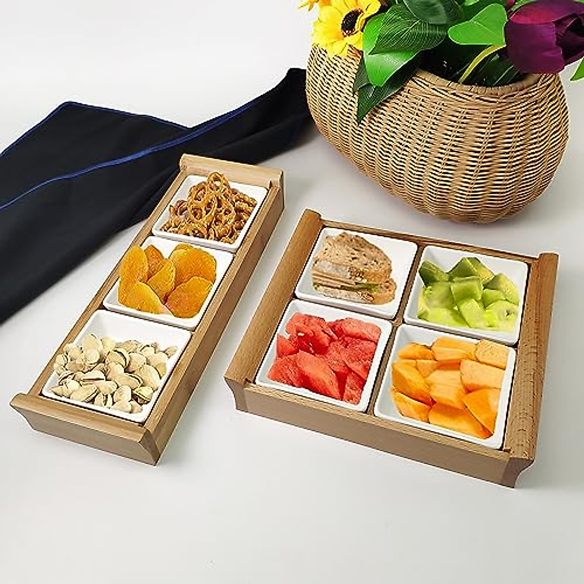 Jinsongdafa Wood Pallet Porcelain Divided Serving Dishes, Appetizer， Relish Tray, Serving Bowls for Parties - Perfect for Chips and Dip, Veggies, Candy and Snacks | Reusable (4 Cells Platters)