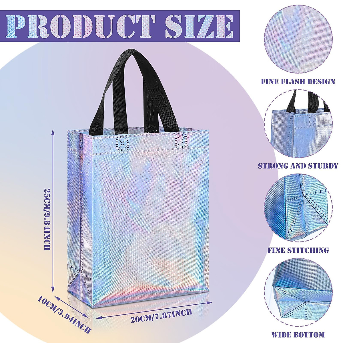 Sadnyy 48 Pack Reusable Gift Bags with Handles Iridescent Gift Bags Bulk Metallic Goodie Bag Tote Bags Wedding(Holographic)