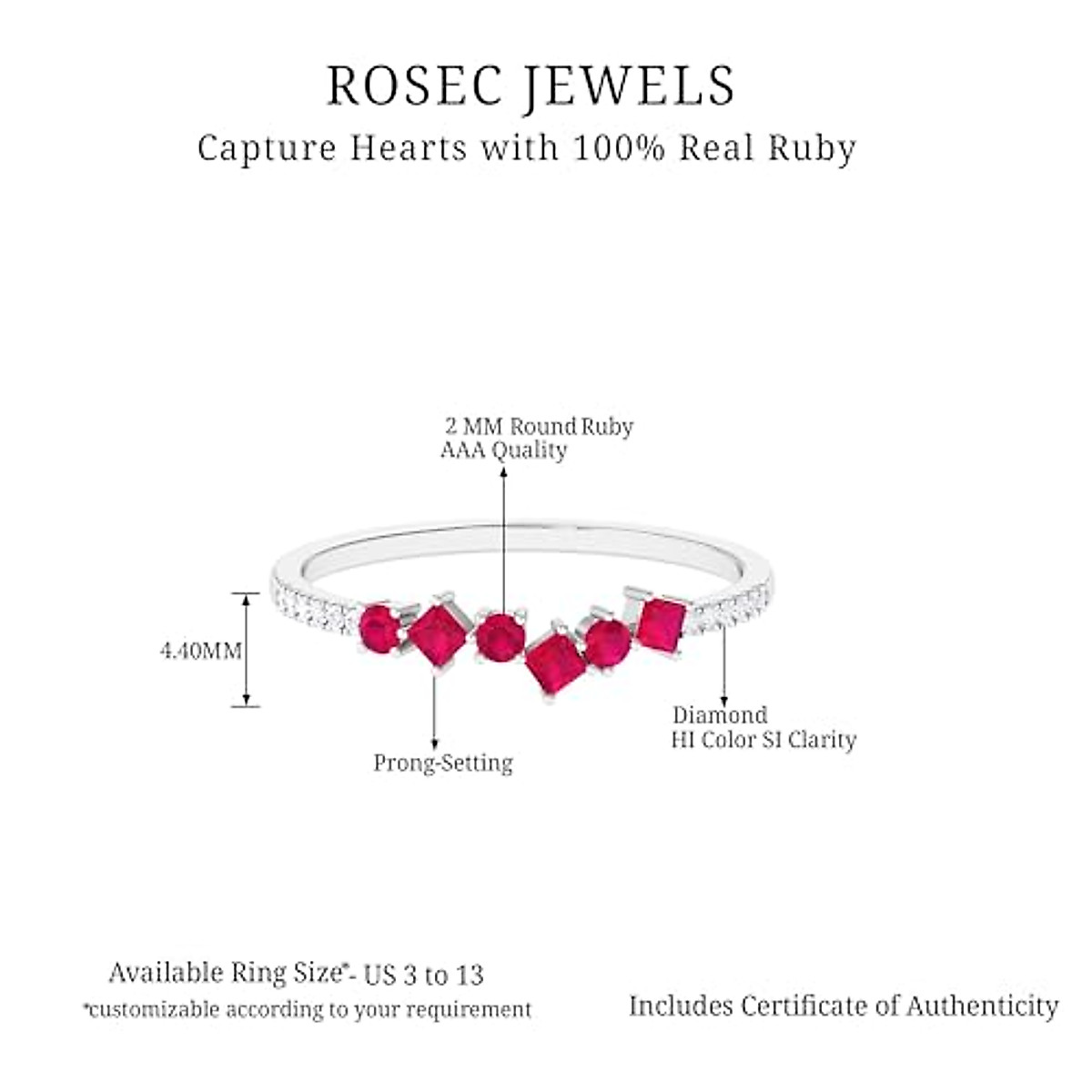 Rosec Jewels Princess and Round Ruby Minimal Eternity Anniversary Band Ring for Women, Aaa Quality, 14K White Gold, Size:US 7.00