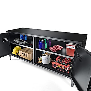 HOPUBUY Metal Storage Cabinet with Lock, Steel Locker Cabinet with Removable Shelves and 2 Locking Doors, Black Storage Cabinets for Home, Garage, Office, Bedroom