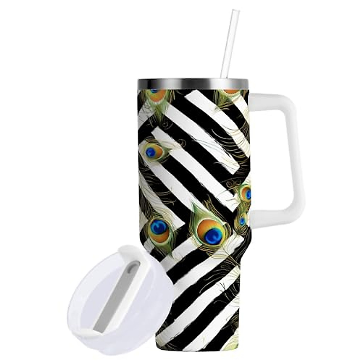 RPLIFE Vibrant Peacock Feathers Black White Striped Coffee Tumbler, Stainless Water Bottle, Cup with Lid
