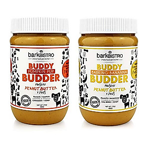BUDDY BUDDER BARKIN' Banana Pumpkin PUP, Dog Peanut Butter, Healthy Dog Treats, Peanut Butter Dog Treats, Stuff in Toy, Dog Enrichment - Made in USA (Set of 2 / 17OZ Jars)