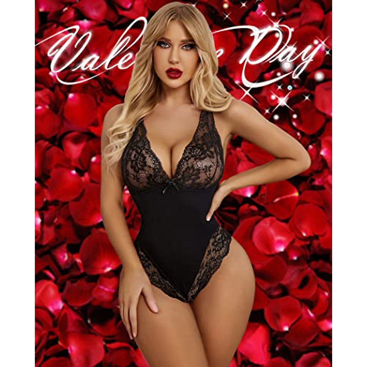 Avidlove Women Lingerie Bodysuit Snap Crotch Teddy One Piece Babydoll (Black,M)