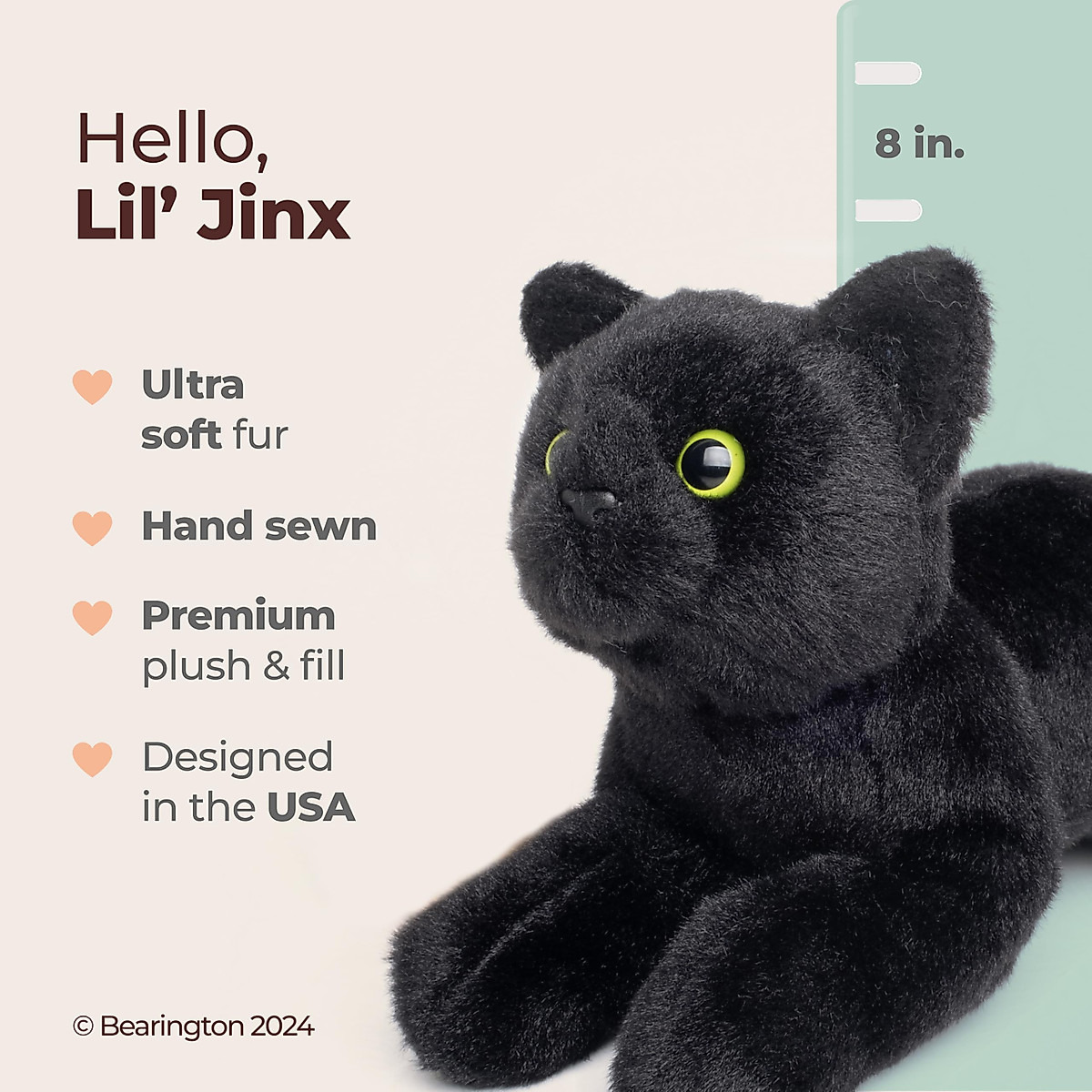 Bearington Collection Lil’ Jinx Cat 8 Inch Cat Plush - Black Cat Plush - Stuffed Black Cat