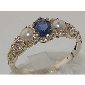 LetsBuyGold 925 Sterling Silver Natural Sapphire and Cultured Pearl Womens Promise Ring - Size 6.5