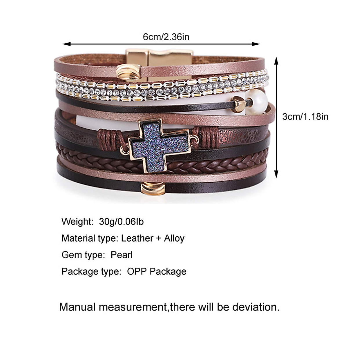 Hutou Leather Wrap Bracelet Boho Cuff Bracelets for Women Crystals Cross Bracelet Jewelry Gifts for Her Beige