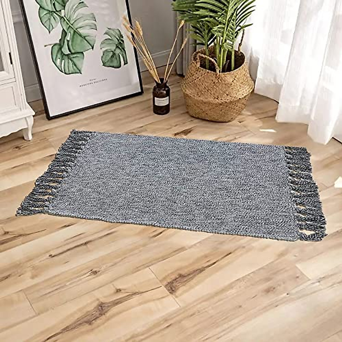 JE JOUE Boho Bathroom Rug 2'x3' Black，Hand Woven Tassel Solid Color Area Rug, Washable Bedroom Runner mat for Laundry Kitchen Outdoor Bathroom Dorm entryway