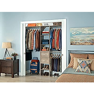 ClosetMaid SuiteSymphony Wood Closet Organizer Starter Kit with Tower and 3 Hang Rods Shelves, Adjustable, Fits Spaces 4 – 9 ft. Wide, Natural Gray, 16"