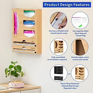 ZZ LIFE 6-in-1 Kitchen Drawer Organizer - Foil and Plastic Wrap Dispenser with Cutter, Ziplock Bag Storage for Gallon, Quart, Sandwich, and Snack Sizes - Organized Bamboo Storage For Home and Kitchen