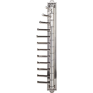 Screw mounted tie/scarf rack. Holds 12 ties/scarfs. Each arm moves independently allowing for easy access to ties/scarfs. Finish: Satin Nickel