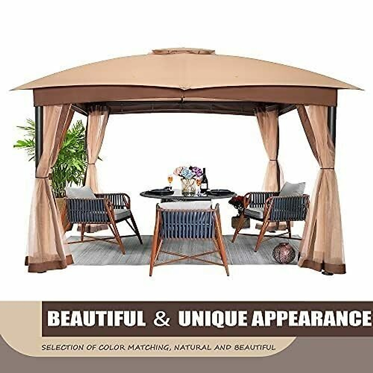 BBQ Gazebo Canopy 10x12 Gazebo for Patio, Double Vent Canopy 10 x 12 ft Straight Leg(Khaki) Grill Gazebo Shelter for Patio, Garden