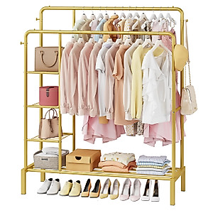 JOISCOPE 47'' * 65'' Heavy Duty Clothes Rack, Double Rods Clothing Racks for Hanging Clothes, Garment Rack with 4 Tier Closet Shelves & 4 Hooks for Clothing Storage, Metal Gold Clothing Rack