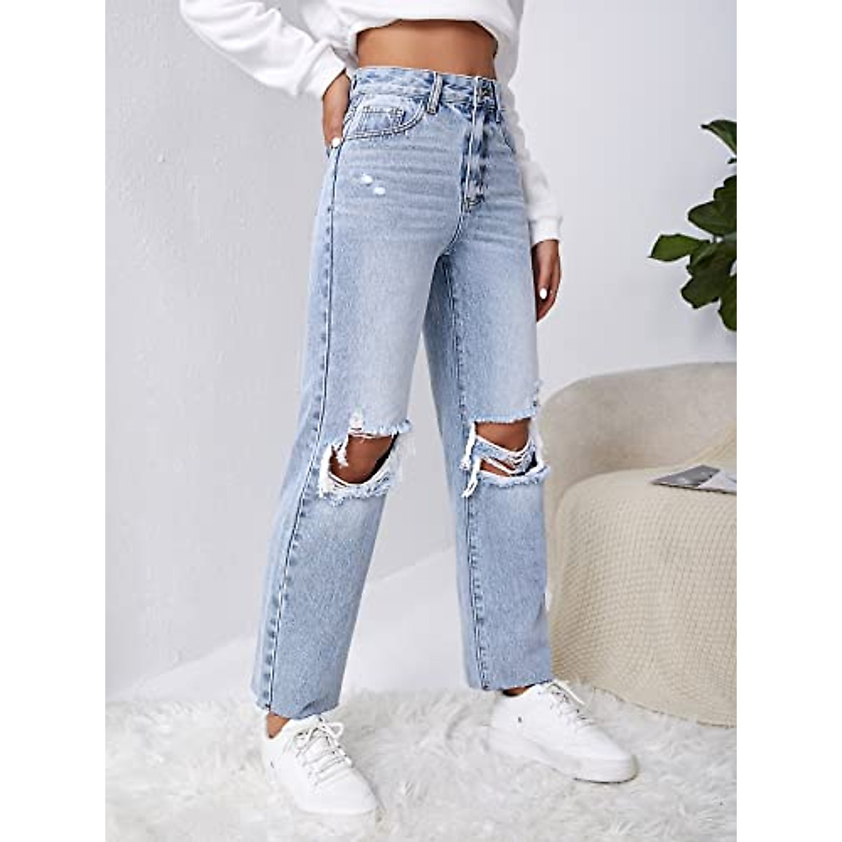 SweatyRocks Women's High Waist Ripped Distressed Cropped Jeans Straight Leg Denim Pants Light Wash L