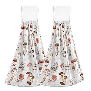 Oarencol Vintage Mushrooms Print Kitchen Hand Towel Absorbent Hanging Tie Towels with Loop for Bathroom 2 Pcs