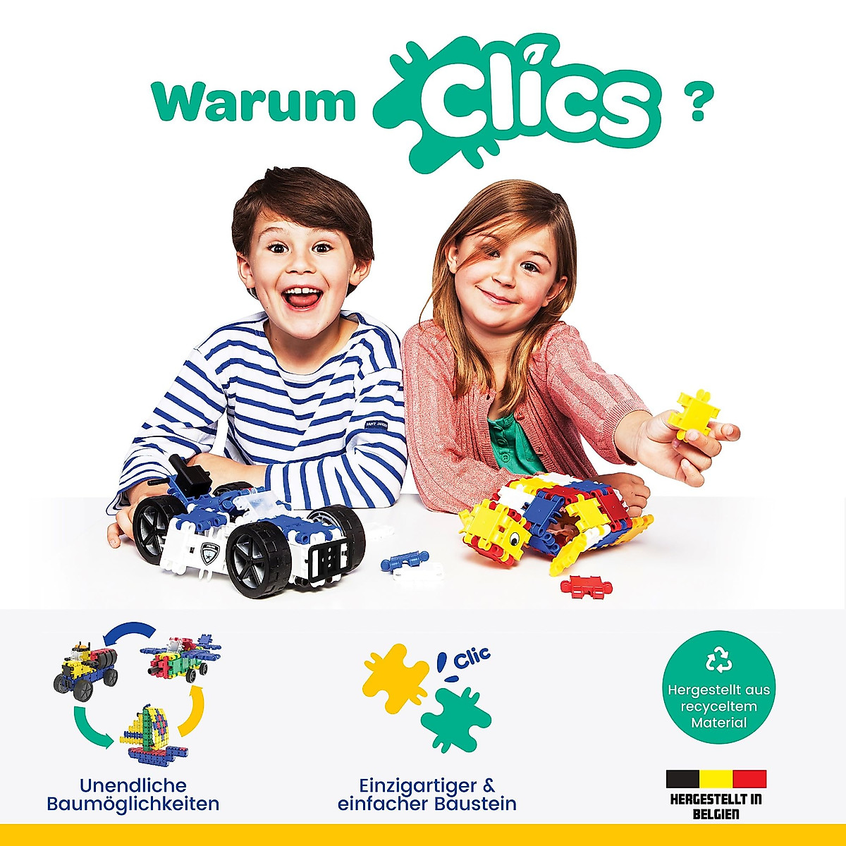 Clics Basic Set of 377 Pieces, Construction Toys for 3 Year Old Boys and Girls, rollerbox of Blocks to Learn Shapes and Colors, Educational STEM Toys. No BPA, PVC. Dishwasher Safe, Recycled Plastic.