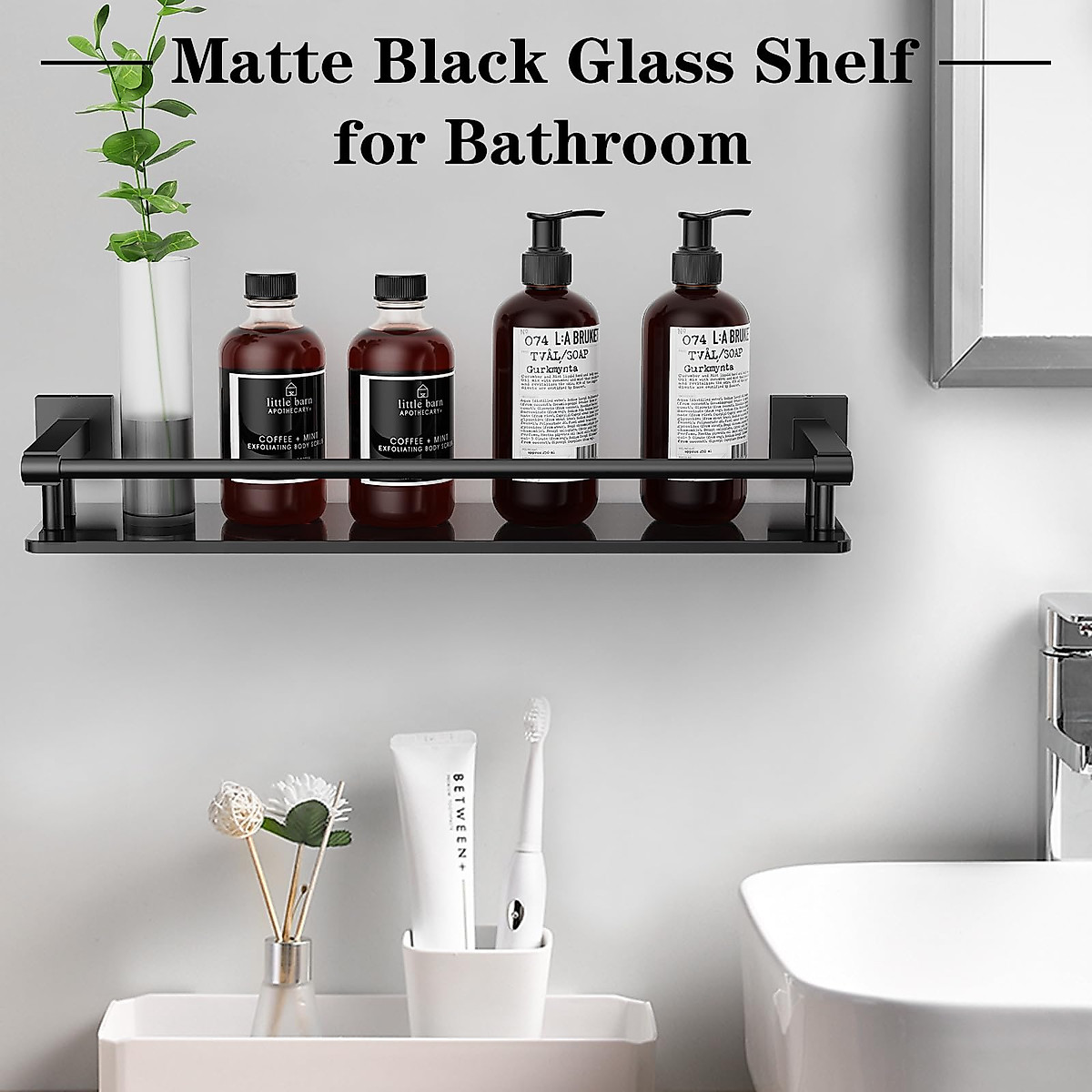 SFGSOWOR Bathroom Glass Shelf with Towel Bar/Rack 20 inches Wall-mounted Shelves Tempered Glass Sink Toilet Organizer Shower Towel Decorative Storage (Matte Black, 20‘’)