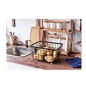 DODXIAOBEUL Handmade -Open Storage Bread Food Basket,Kitchen Cabinet and Pantry Storage Organizer Bin & Containers- Two Cut-Out Handles Wire Metal with Canvas Lining 13x10x7.5 Inches Black