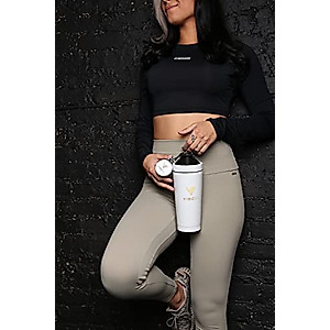 Vibe111 Protein Shaker with Funnel- 25OZ Stainless Steel Shaker Bottle with Portable Protein Funnel to Go | Insulated Shaker Bottles with Protein Powder Container Keychain and Blending Ball (Black)