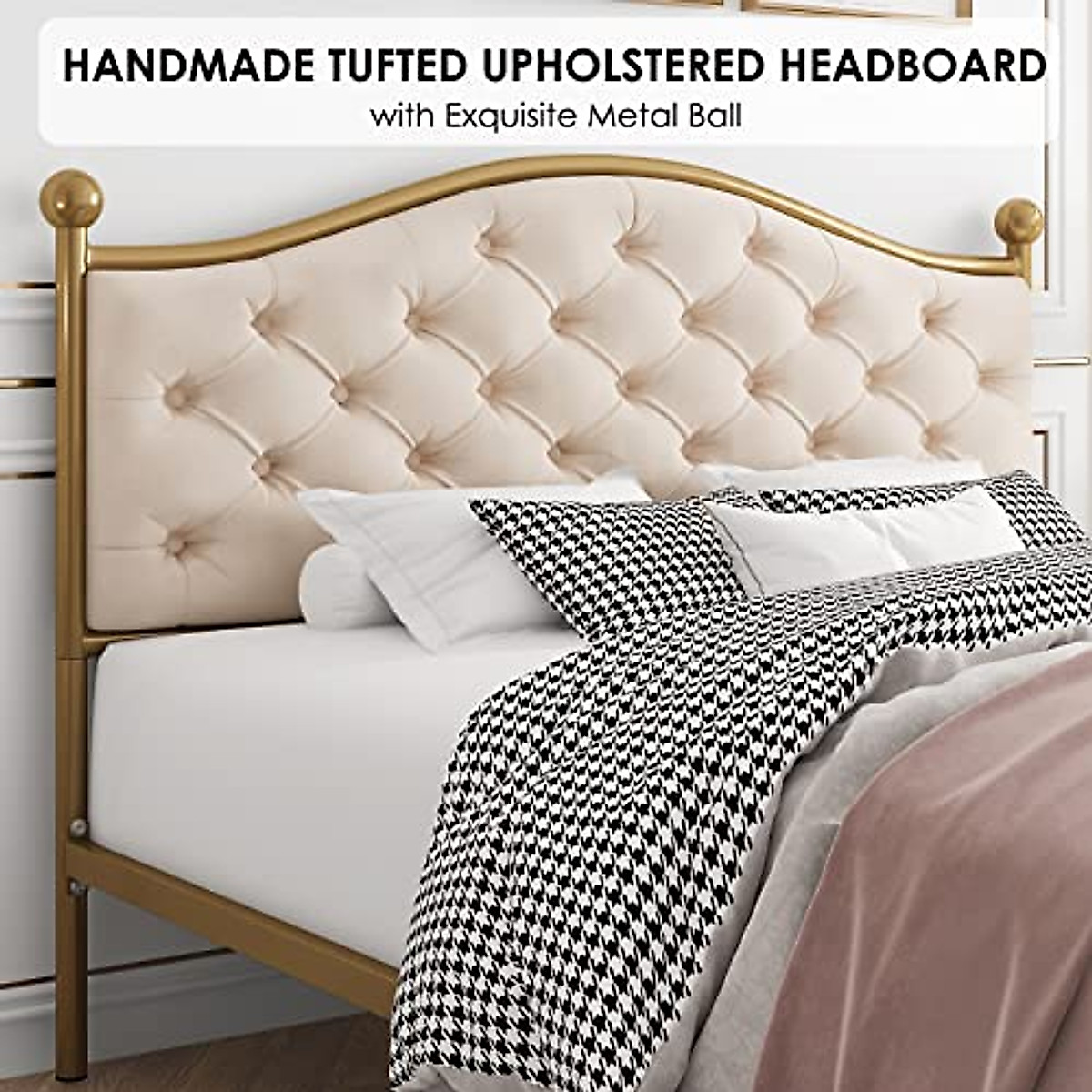 HIFIT Queen Size Platform Bed Frame with Elegant Button Tufted Curved Headboard, Velvet Upholstered Bed Frame with No Noise, Heavy Duty Metal Frame Foundation, No Box Spring Needed, Gold-Beige