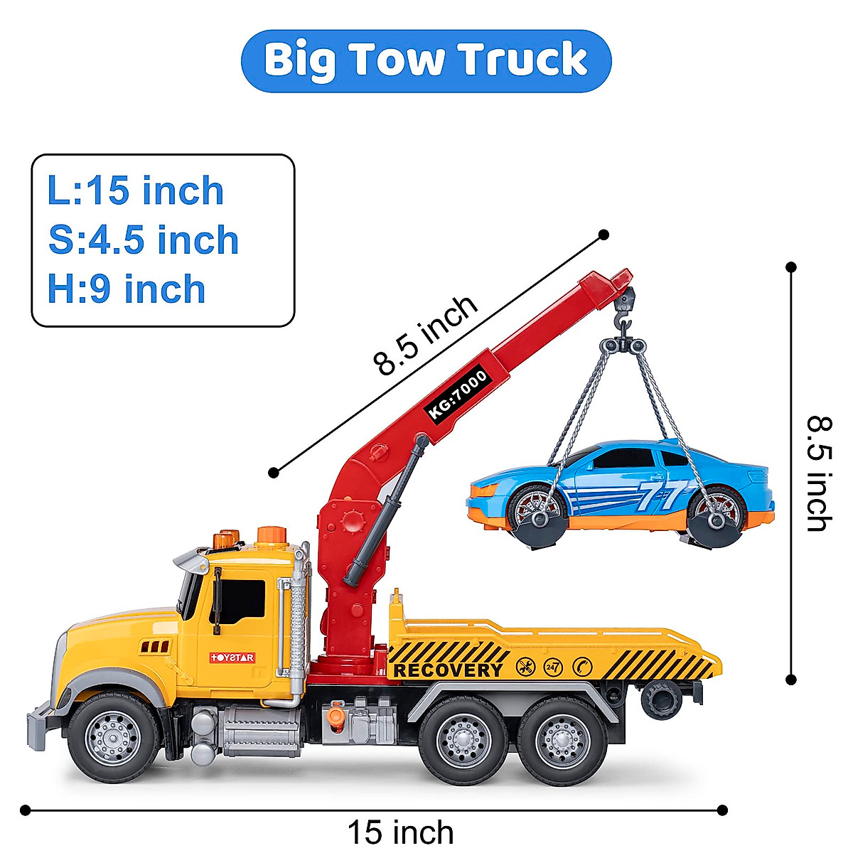 haomsj Big Tow Trucks Toy Trucks with Hook and Car for Boys Pull Back Truck Toys with Light and Sound for Kids (1:18 Plastic Tow Truck)