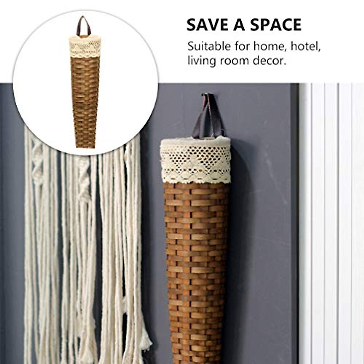 Cabilock Woven Hanging Basket Wicker Rustic Handmade Long Storage Basket Plant Hanger with Lace Trim for Indoor Plants Home Wall Decor (Khaki)