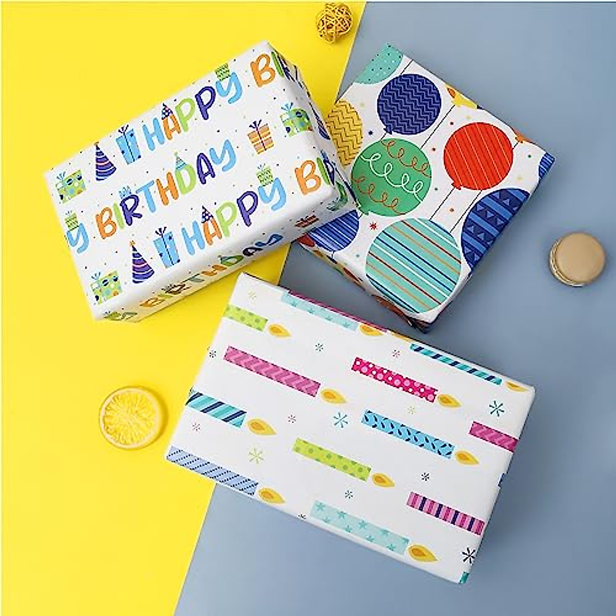 BULKYTREE Birthday Wrapping Paper for Boys Girls Kids Men Women Holiday Birthday Party - 3 Large Sheets Colorful Balloon 'Happy Birthday' Birthday Candles Gift Wrap - 27 Inch X 39.4 Inch Per Sheet