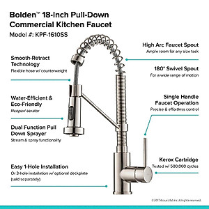 Kraus KPF-1610SS Bolden 18-Inch Commercial Kitchen Faucet with Dual Function Pull-Down Sprayhead in All-Brite Finish, Stainless Steel