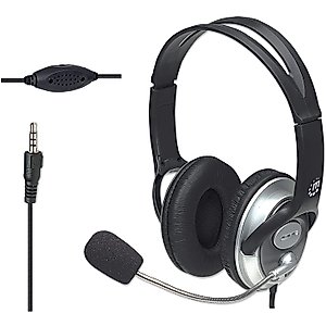 MANHATTAN Wired Headset with Microphone - with 8 ft Long Braided Stereo Cable, Single 3.5mm Plug Jack, Volume Control, Flexible Mic – for Computer, Laptop, PC, Phone – 3 Yr Mfg Warranty – 180825