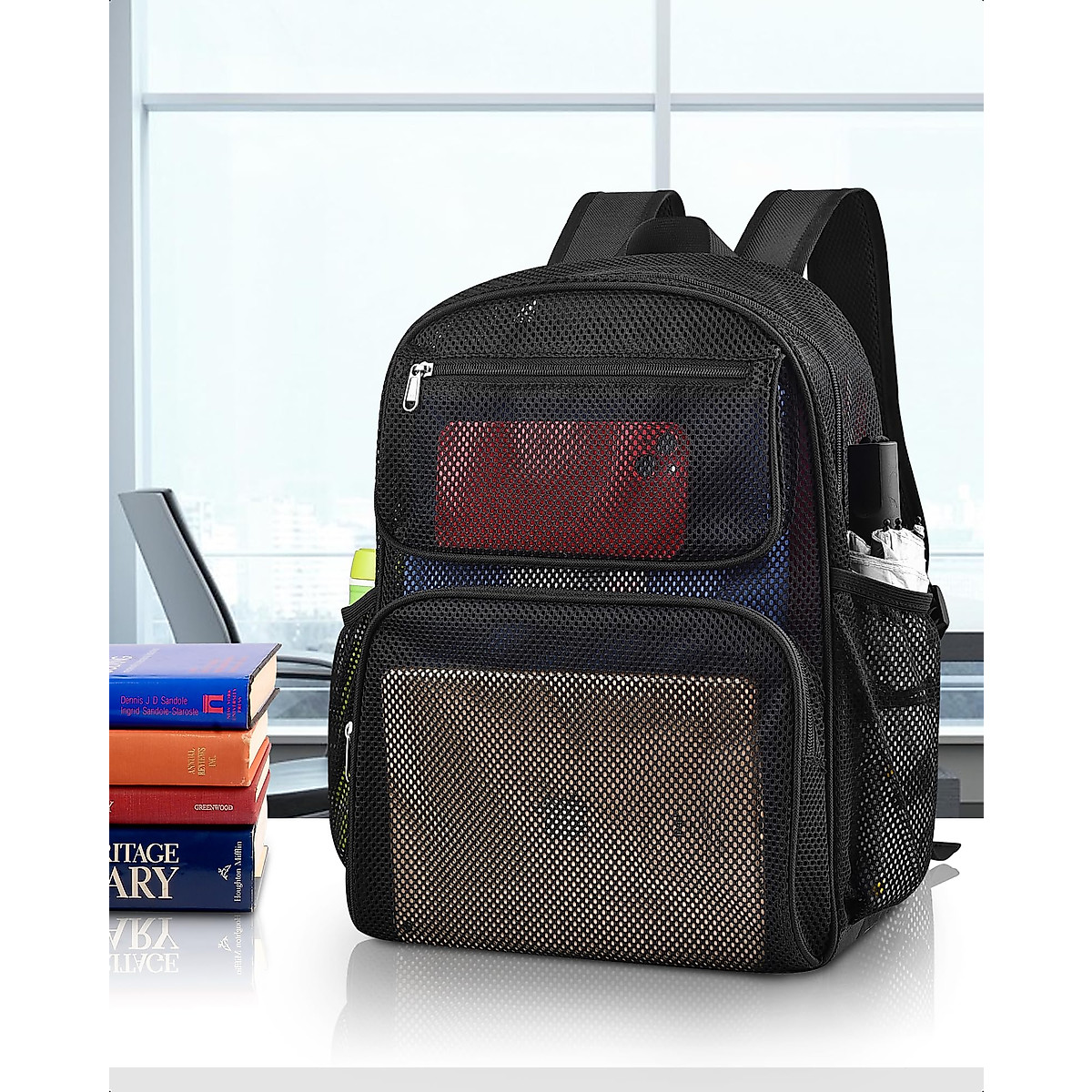 Lyingflat Mesh Backpack with Inner Compartment, Large Heavy Duty Mesh Bookbag with Padded Shoulder Straps for Travel Swimming Hiking Beach - Black