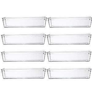 Backerysupply Clear Plastic Drawer Organizer Tray for Vanity Cabinet (9"×3"×2"，Set of 8),Storage Tray for Makeup, Kitchen Utensils, Jewelries, and Gadgets