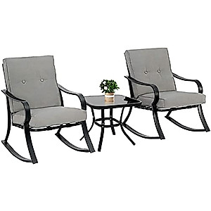 Oakmont Outdoor Furniture 3 Piece Conversation Bistro Set Rocking Chairs and Glass Top Table, Thick Cushions, Black Steel (Grey)