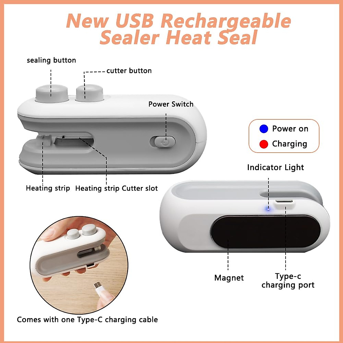 2PCS Mini Bag Sealer with 10PCS Vacuum Sealer Bags, 2024 New USB Rechargeable Bag Sealer Heat Seal,2 in 1 Bag Heat Sealer with Cutter for Chip, Snacks, Plastic Bag Resealer, Keep Food Fresh