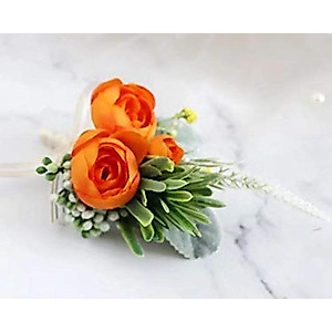 Easin 2Pcs Boutonniere Buttonholes and Wrist Corsage Wristband Roses Wrist Corsage, Groom Groomsman Best Man and Girl Brides Rose Wedding Flowers Accessories Prom Suit Decoration (Orange)