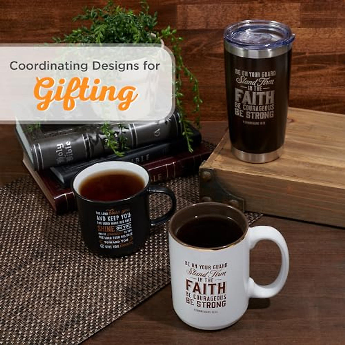 Christian Art Gifts Stainless Steel Double Wall Vacuum Insulated Tumbler 18 oz Brown Travel Mug with Retractable Lid for Women & Men Inspirational Bible Verse - Stand Firm -1 Corinthians 16:13