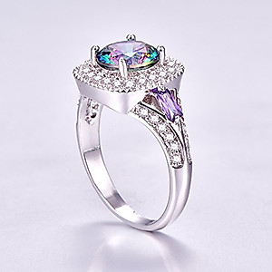 Psiroy 925 Sterling Silver Plated Round Simulated Rainbow Topaz Halo Anniversary Ring for Women Size 8