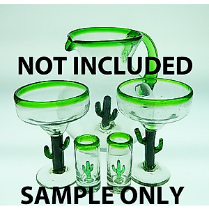 WSLHFEO Margarita Saguaro Cactus Green Rim Hand Blown Set of 4.