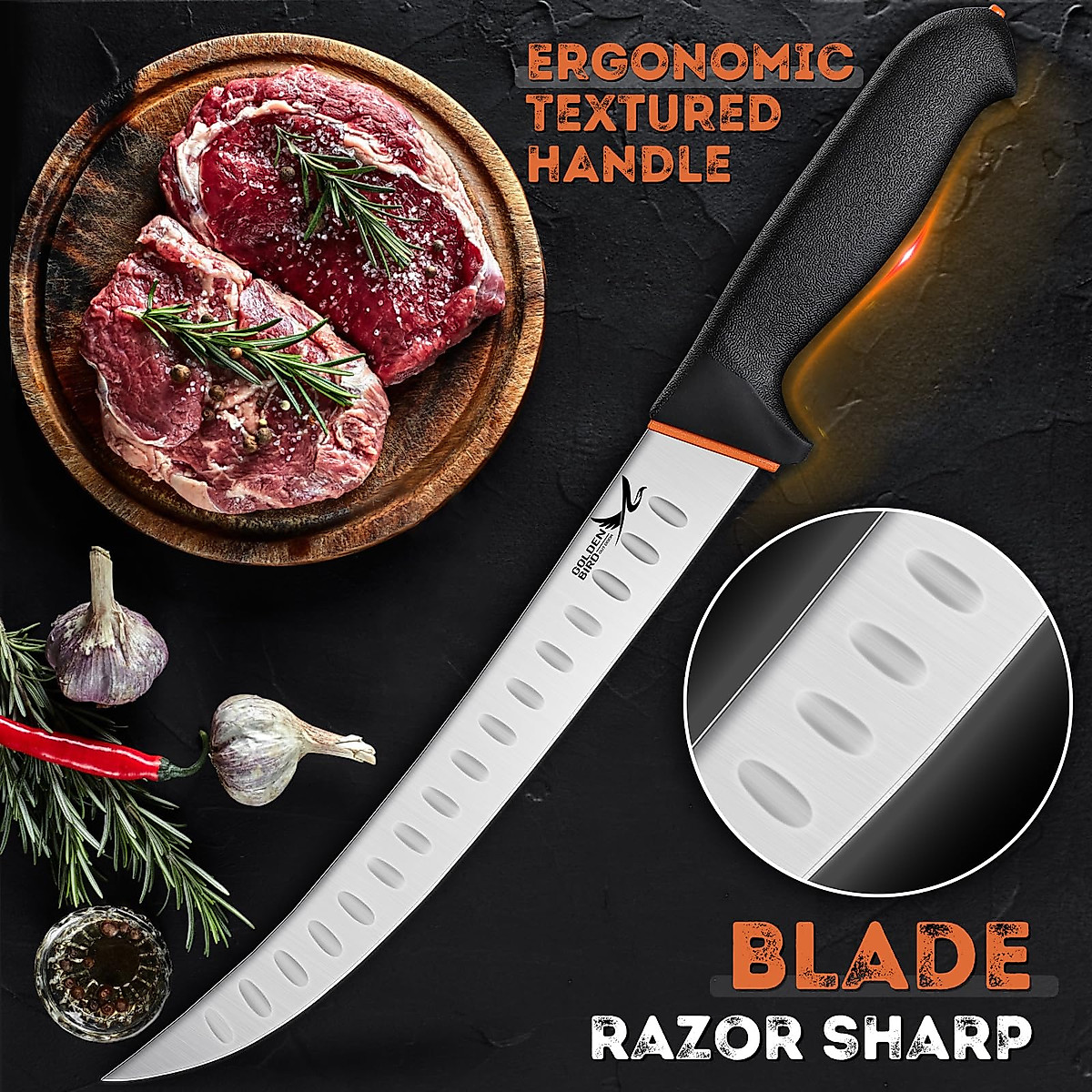 Golden Bird Butcher Knife Set - 4 Piece Professional BBQ Knife Set Include 6" Boning Knife, 6" Skinning Knife, 10" Butcher Breaking Knife & 8" Sharpener Rod