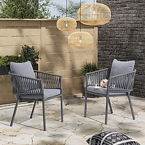 SUNSITT Patio Dining Chairs Set of 2, Outdoor Aluminum Dining Chairs with Woven Rope, All-Weather Patio Arm Chairs w/Cushions, Porch, Garden and Deck, Dary Grey