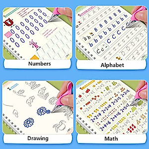 4 Pc Large Reusable Handwriting Practice Book for Kids,Magic Practice Copybook with Auto Disappear Ink Pen,3D Grooved Handwriting Book Practice，Calligraphy Copybook for Preschoolers(10.3x7.3 Inches)