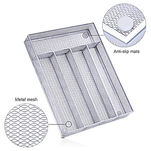Flatware Organizers 5 Compartments, Metal Mesh Kitchen Utensil Drawer Cutlery Tray with 4 Foam Feet, Silver
