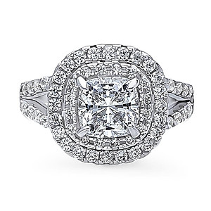 BERRICLE Sterling Silver Halo Wedding Engagement Rings Cushion Cut Cubic Zirconia CZ Statement Cocktail Split Shank Ring for Women, Rhodium Plated Size 6