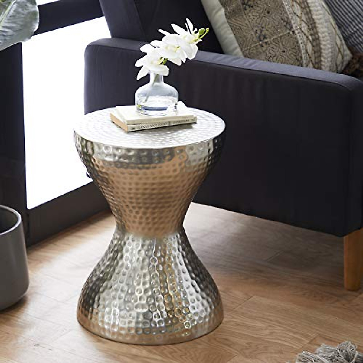 Deco 79 Metal Hammered Accent Table with Hourglass Shape, 14" x 14" x 18", Silver