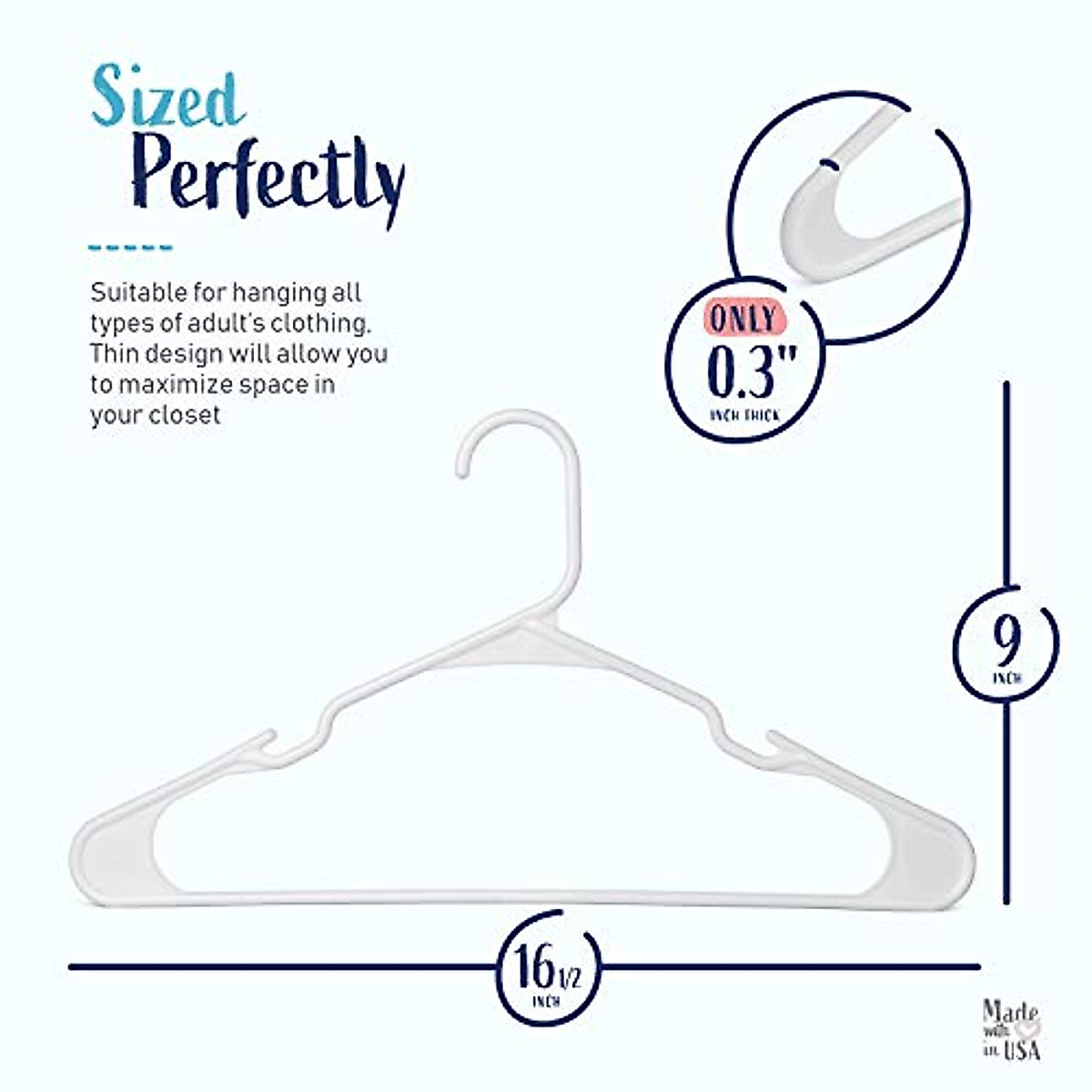 USA Made 20-Pack Plastic White Hangers - Standard-Size Clothes Hanger with Notches - Slim and Durable Hangers for Clothing and Accessories - Closet Organization Essentials for Home, Apartment, Dorm