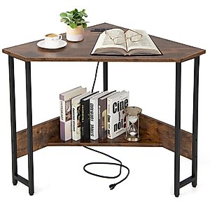 GLOBALWAY Corner Desk with Charging Station & USB Port, 90-degree Triangle Computer Workstation w/Storage Shelf, Metal Frame, Space-saving Laptop PC Desk for Small Space, Home Office (Rustic Brown)