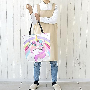 Naanle Canvas Tote Bag Large Women Casual Shoulder Bag Handbag Rainbow Unicorn Floral Canvas Tote Bag Reusable Grocery Shopping Cloth Bags Beach Bag for Women