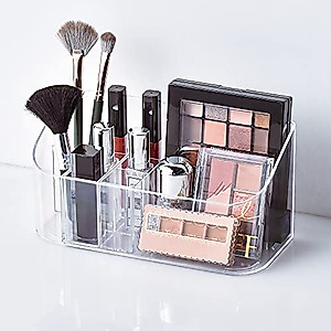 YOHOM Small Clear Makeup Organizer Tray Vanity Cosmetic Brush Holder Storage Box 9-Compartments Countertop Lipstick collection Display Case with 2 Dividers Plastic